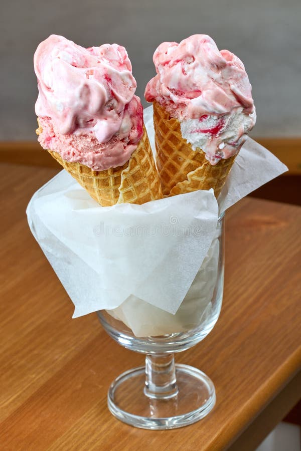 Ice Cream in Cones on Restaurant Table Stock Image - Image of creamy ...
