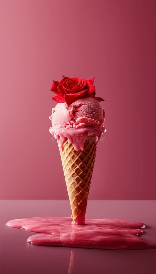 Pink Ice Cream and Rose in Waffle Cone on Pink Stock Illustration ...