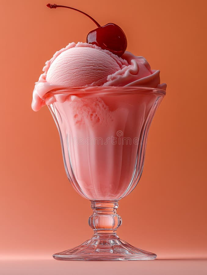 Pink Ice Cream Sundae with Cherry on Top in Glass Cup. Stock Image ...