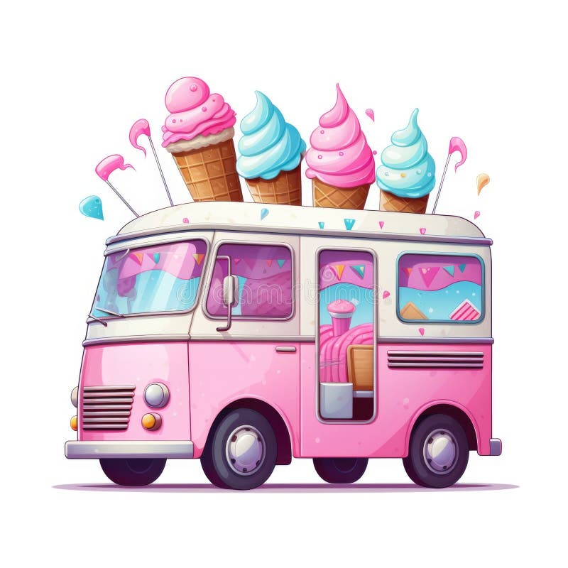 A Pink Ice Cream Van with Ice Cream Cones on Top. Stock Illustration ...