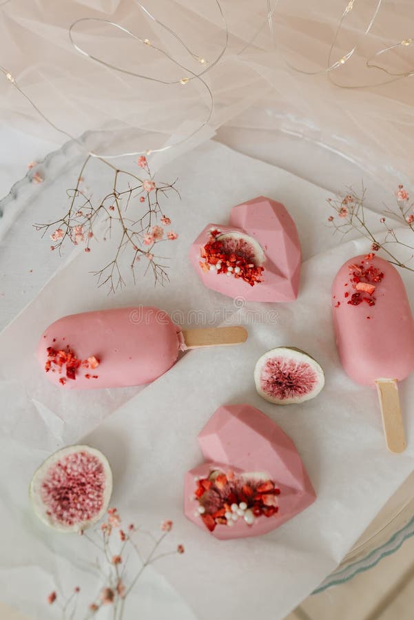 Pink Ice Cream of Various Shapes Lies on the Table Stock Image - Image ...