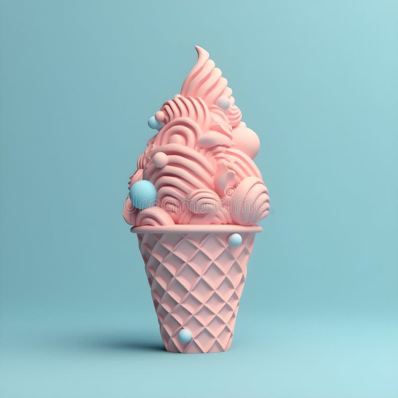 3d Icon Ice Cream Cone Pink Color Blue Color Background Stock