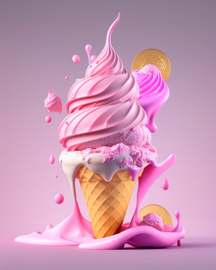 Pink Ice Cream In A Waffle Cone Close Up Generative Ai Stock