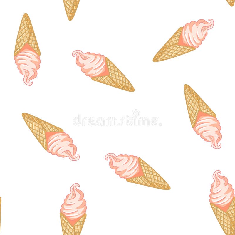 Pink Ice Cream In Waffle Cone Seamless Pattern Cute Cartoon Style Hand