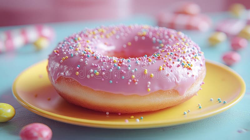 Pink Iced Donut with Sprinkles on a Yellow Plate. Stock Photo - Image ...
