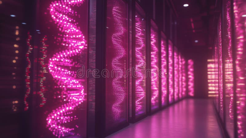 Pink Illuminated Data Center Servers Displaying Data Streams Stock ...