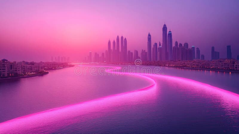 Pink Illuminated Waterway Dubai Skyline Sunset Stock Illustration ...