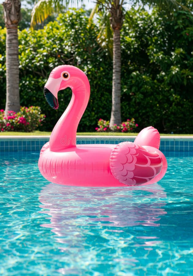 Pink Inflatable Flamingo in a Blue Pool Stock Image - Image of beach ...