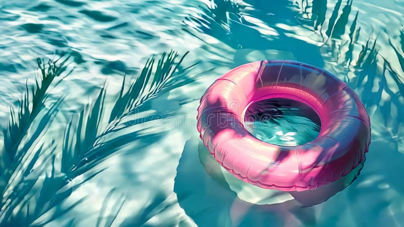 Pink Inflatable Float Ring on Turquoise Pool Water with Palm Tree ...