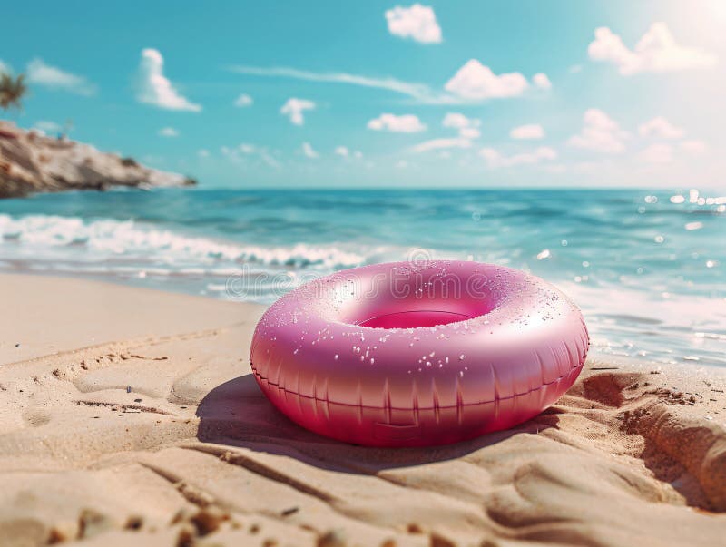 Pink Inflatable Pool Ring on the Sand, Sea Beach, Summertime at Sea ...