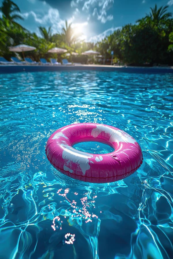 Pink Inflatable Ring Floating on a Clear Blue Swimming Pool Surface ...