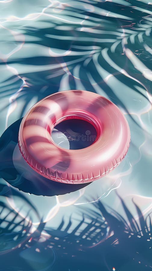 Pink Inflatable Ring Floating in Clear Swimming Pool with Palm Leaf ...