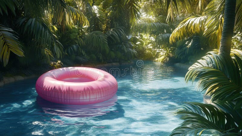 Pink Inflatable Ring Floating in a Jungle Pool Surrounded by Tropical ...