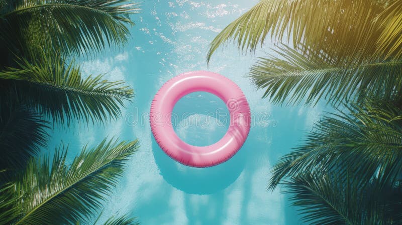 Pink Inflatable Ring Floating in a Jungle Pool Surrounded by Tropical ...