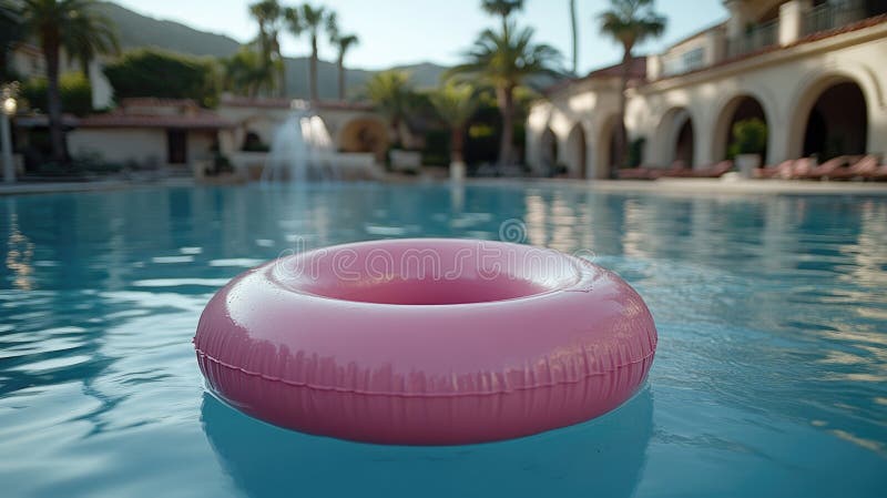 Pink Inflatable Ring Floating in a Luxurious Outdoor Pool with Palm ...