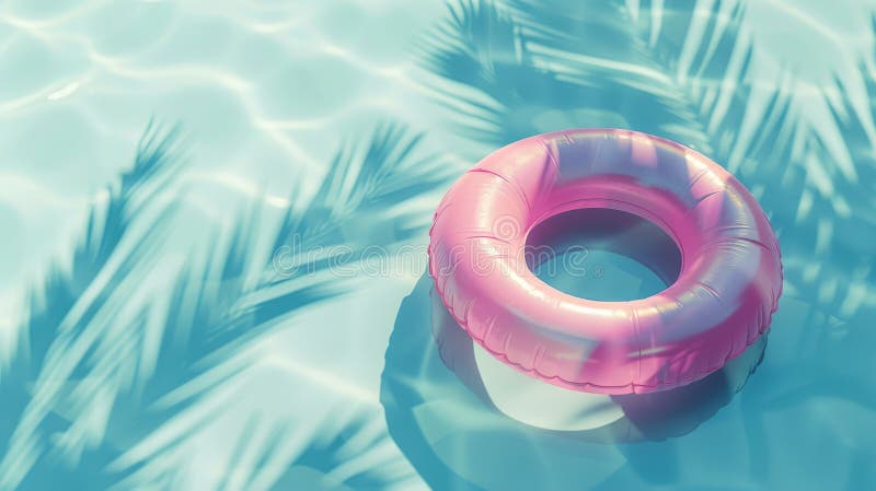 Pink Inflatable Ring Floating in a Swimming Pool with Palm Leaf Shadows ...