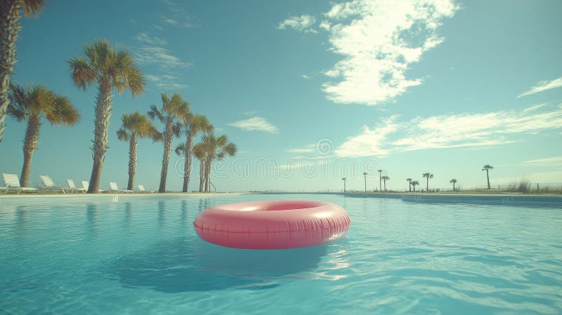 Pink Inflatable Ring in Resort Pool with Palm Trees and Clear Sky Stock ...