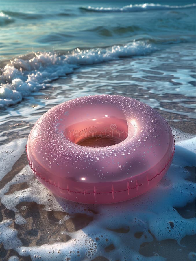Pink Inflatable Ring on Sandy Beach with Blue Water Stock Photo - Image ...