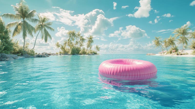 Pink Inflatable Ring in a Tropical Ocean Stock Illustration ...