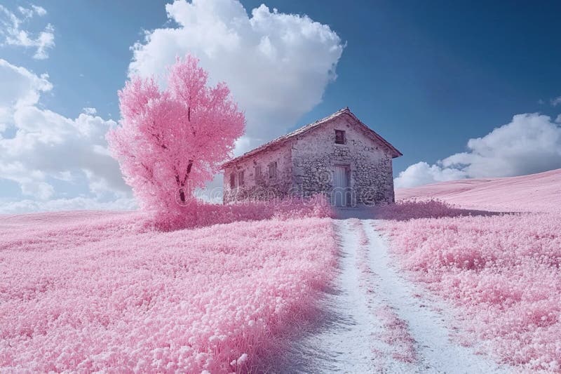 Pink Infrared Landscape Stone House Blooming Field Tree Path Stock ...