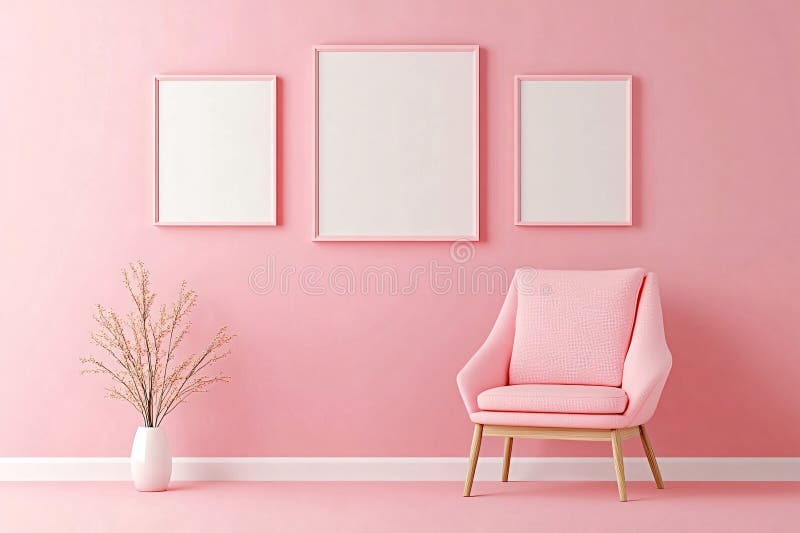 Pink Interior with Comfortable Armchair and Empty Frames Hanging on the ...