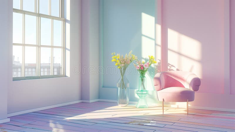 Pink Interior with Windows, a Chair, and Flower Bouquets. Stock ...