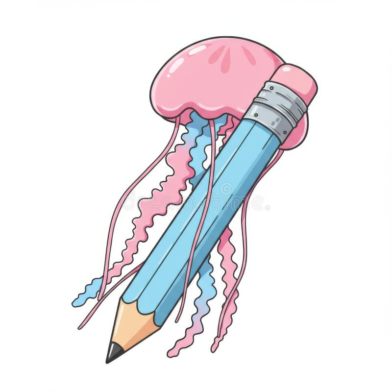 Pink Jellyfish and Blue Pencil Pixel Art Illustration Stock ...