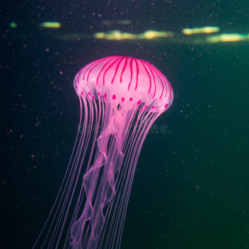 Pink Jellyfish Underwater in Dark Ocean Stock Illustration ...
