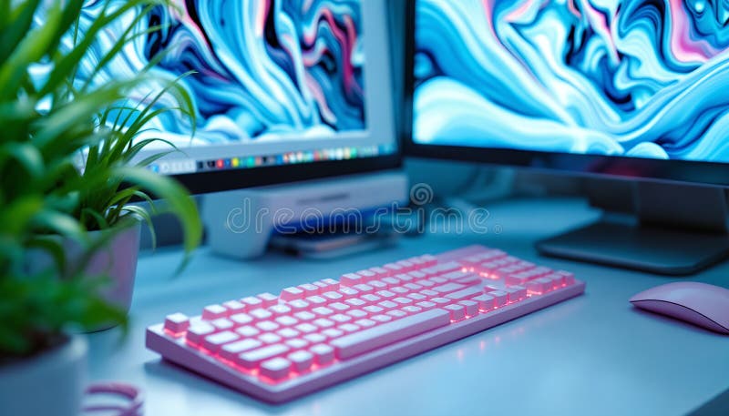 Pink Keyboard on a Desk with Abstract Backgrounds on Dual Monitors ...