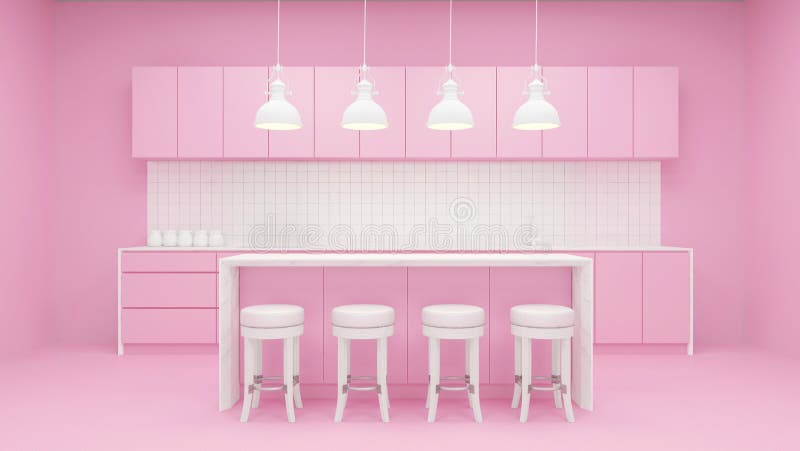 Pink Kitchen Backdrop with Built-in Furniture. 3D Rendering Stock ...