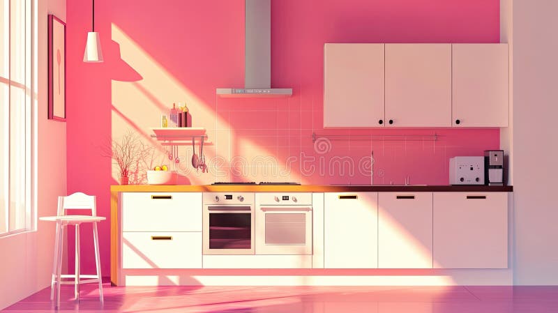Pink Kitchen Interior Design. Modern Kitchen with Sunlight Stock Photo ...