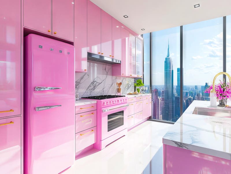 A Pink Kitchen with a View of the City Stock Image - Image of large ...