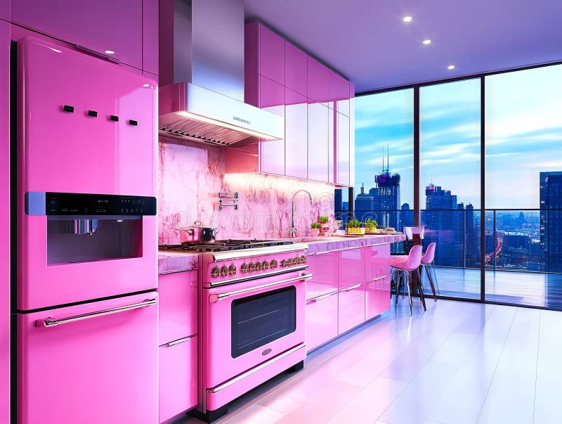 A Pink Kitchen with a View of the City Stock Photo - Image of stove ...