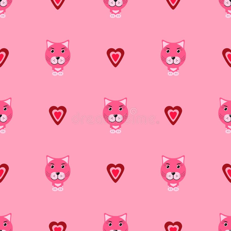 Pink Kitty with Hearts and Love Vector Pattern Stock Vector ...