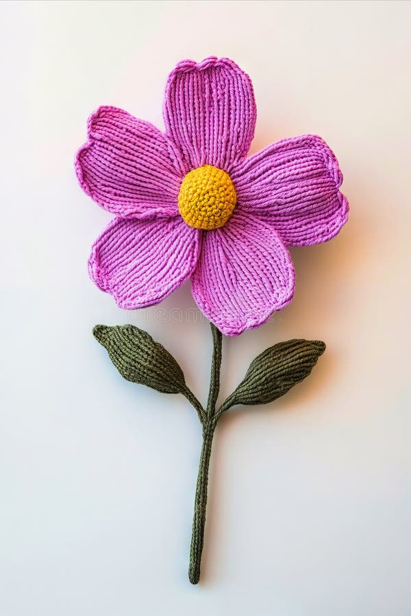 A Pink Knitted Flower with a Yellow Center on a White Surface Stock ...