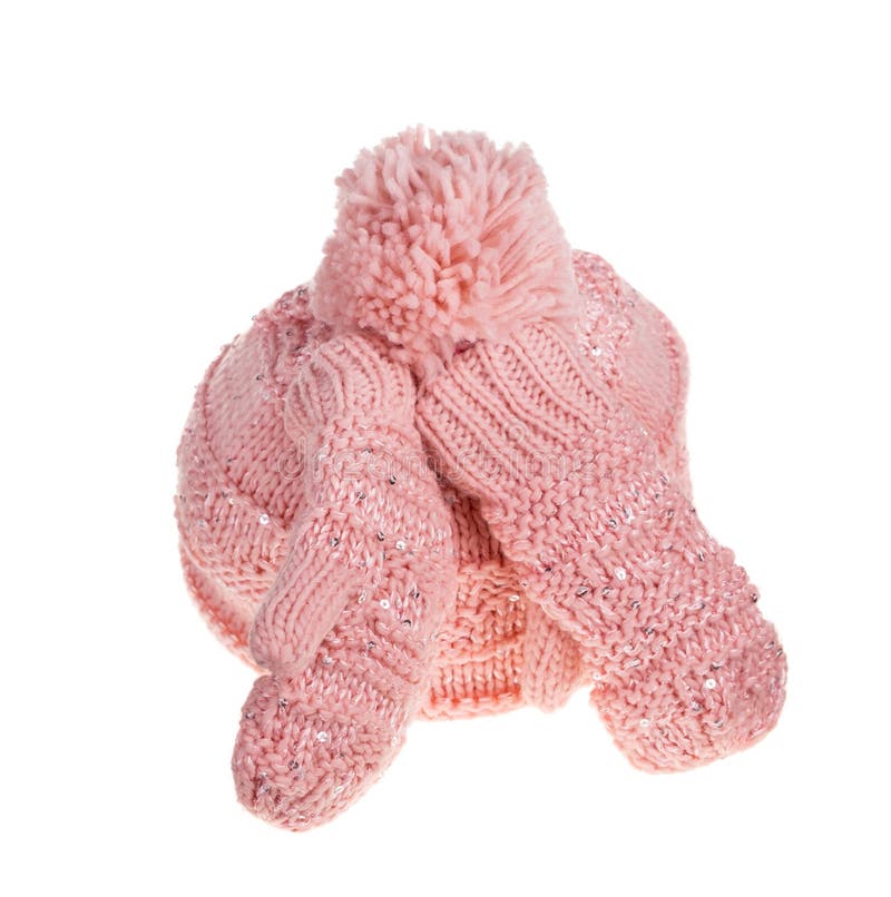 Pink Knitted Mittens and Cap. Stock Image - Image of snow, cloth: 162360741