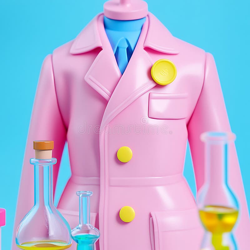 Pink Lab Coat with Yellow Buttons and Beaker on Blue Background Stock ...