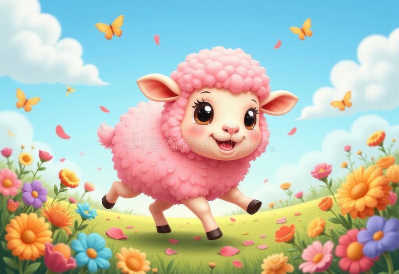 A Pink Lamb Running in a Spring Field Stock Illustration - Illustration ...