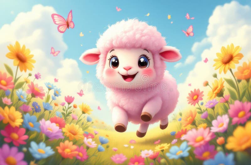 A Pink Lamb Running in a Spring Field Stock Illustration - Illustration ...