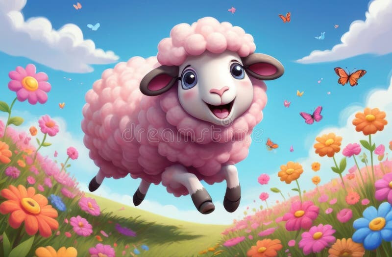 A Pink Lamb Running in a Spring Field Stock Illustration - Illustration ...