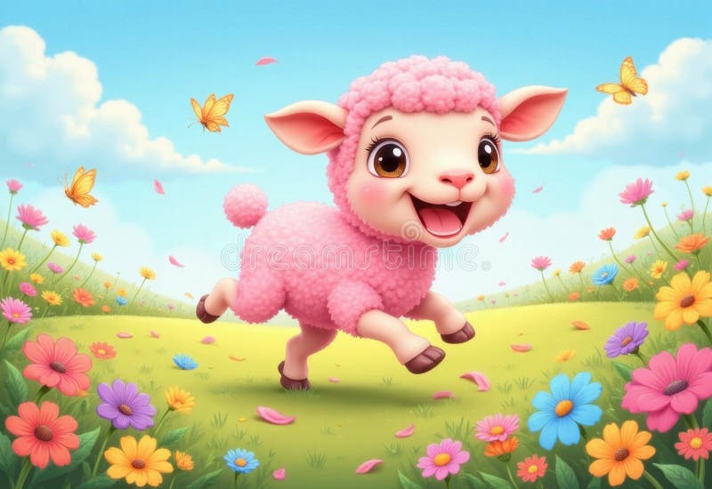 A Pink Lamb Running in a Spring Field Stock Illustration - Illustration ...