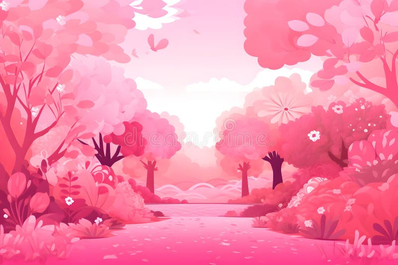 Pink Landscape with Trees, Flowers, and River in the Foreground ...