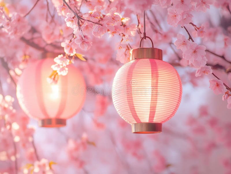 Pink Lanterns on Tree Branch Stock Image - Image of light, special ...