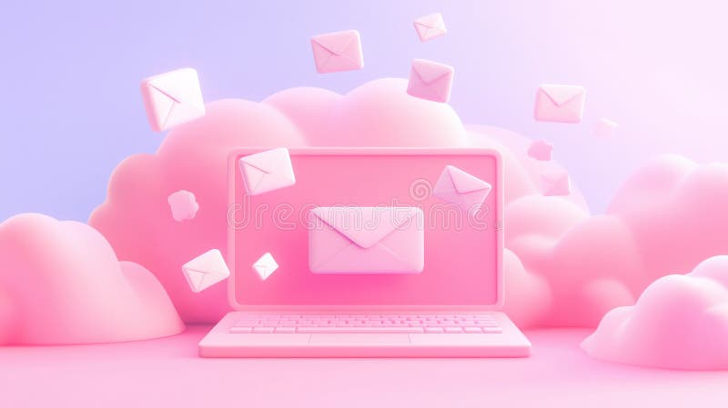 Pink Laptop with Floating Email Icons in Cloud Environment Stock ...
