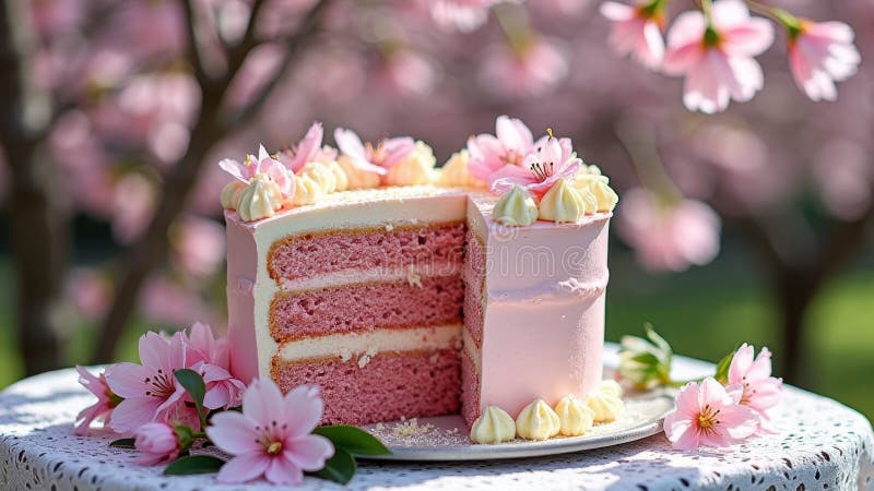 Pink Layer Cake Cherry Blossoms Lace Tablecloth Stock Photos - Free ...