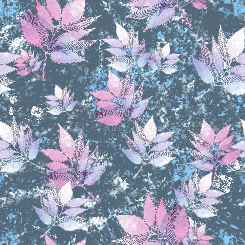 Pink Leaves on Grayish Blue Background. Leaf Seamless Pattern Stock ...