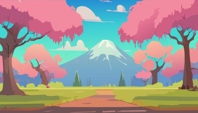 Pink Leaves Trees and Mountain Landscape Vector Illustration Stock ...