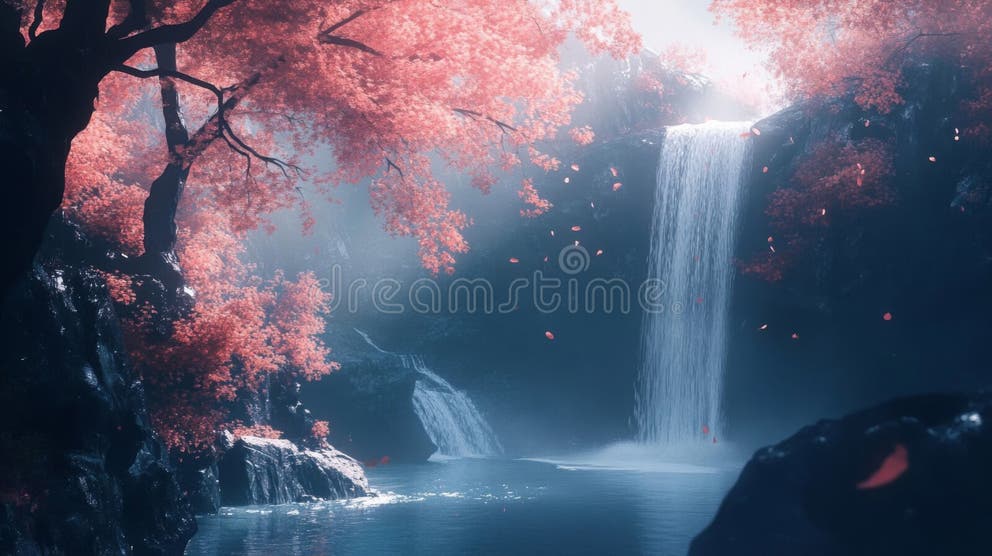 Pink Leaves Waterfall in a Mystical Forest Stock Illustration ...