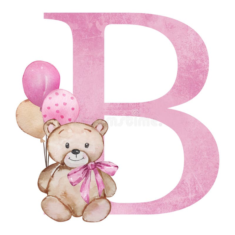 Pink Letter B with Watercolor Teddy Bear Stock Photo - Image of pink ...