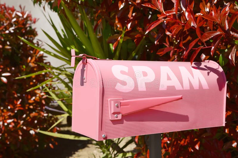 Pink Letter Box with Word Spam Near Plants Outdoors Stock Image - Image ...